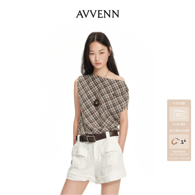 AVVENN棕白格纹撞色宽松无袖一字肩上衣吊带  AK30801546