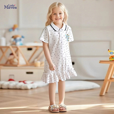 Little maven童装POLO裙欧美童装夏季新款针织童裙短袖翻领连衣裙