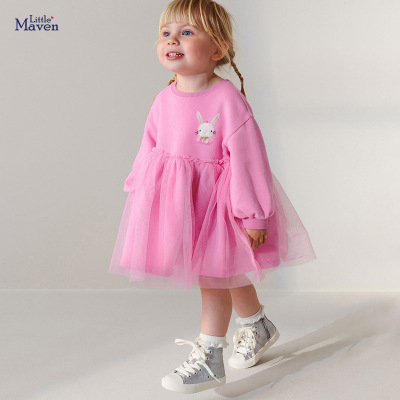 Little maven 2026欧美风卡通女童长袖网纱裙 秋季纯棉儿童公主裙