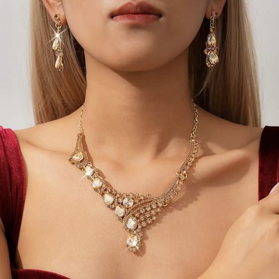 轻奢镶钻水滴锁骨链耳环套装