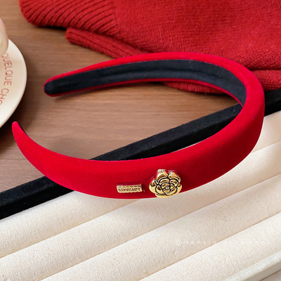 复古植绒花朵新年红色发箍