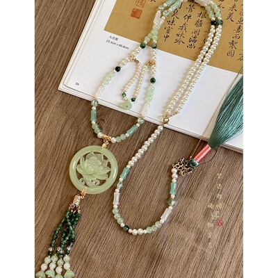 新品[绿春颜]绿色背云长流苏璎珞项链荷花吊坠古风汉.服马面裙配