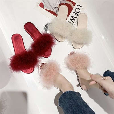 极速新娘配晨袍拖鞋女毛毛伴娘羽毛结G婚婚鞋红色仙女风新婚夏凉