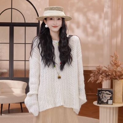 BEAUT SAY“奶霜”慵懒风宽松显瘦圆领针织长袖上衣ASF00462