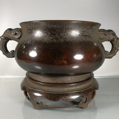 老件紫铜明崇祯款太平有象象鼻长耳套炉摆件