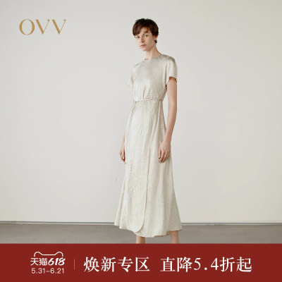OVV2025春夏新款女装缎面肌理感醋酸面料优雅圆领连衣裙