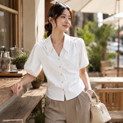 夏季白色显瘦V领泡泡袖女衬衫