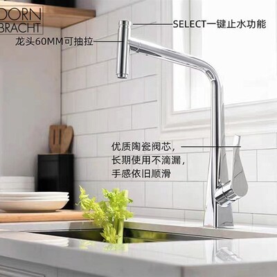 德国当代厨房抽h拉式一键止水冷热全铜单孔枪灰旋转洗碗万向水龙