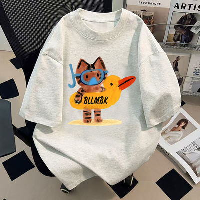 纯棉短袖t恤游泳小猫印花上衣通用简约校园休闲慵懒风T恤夏季新款