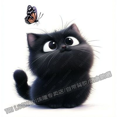可爱小黑猫嬉戏蝴蝶贴纸电动车汽车划痕遮挡贴纸墙面冰箱马桶贴花
