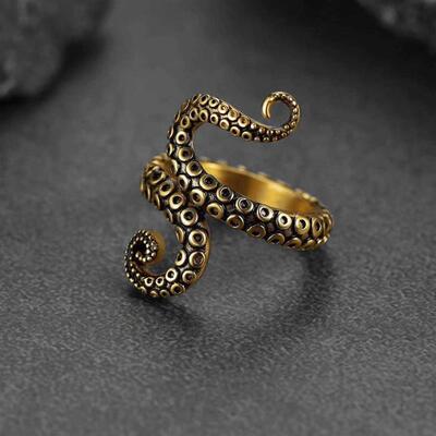 Octopus Ring跨境新款个性章鱼朋克戒指潮流做旧八爪鱼开口指环