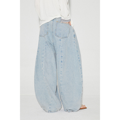 ROLLINGAGE 2025夏季浅色分割线牛仔长裤时髦宽松弧线茧型牛仔裤