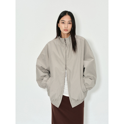 ROLLINGAGE 两面穿双开拉链宽松立领夹克廓形外套 亮棕/绿格纹