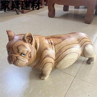 ShJ斗牛犬实木手工雕刻家用客厅办公动物坐凳摆件木雕工艺品招才