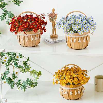小雏菊竹编花篮插花成品盆栽仿真花假花客厅摆件装饰花人造花绢花