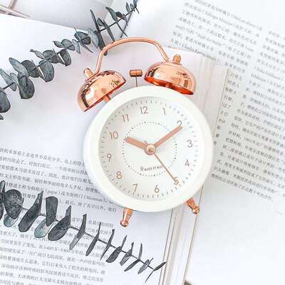 MJK日韩简约金属轻奢打铃钟玫瑰金色创意静音床头女学生闹钟台钟