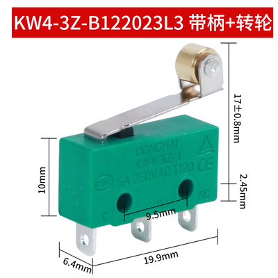 微动开关KW4-3Z-3小型行程限位开关 三3脚带柄滚轮5A250V按键开关