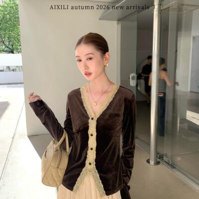 AIXILI爱西里-色蕾丝花边拼接v领丝绒修身显瘦上衣小衫小衫17605