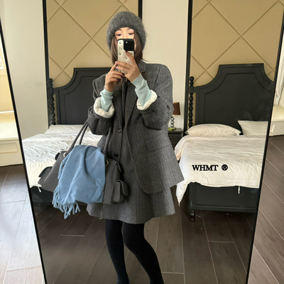 RS.WHMT-复古卷边袖翻领竖条纹羊毛呢西装羽绒服Q6925