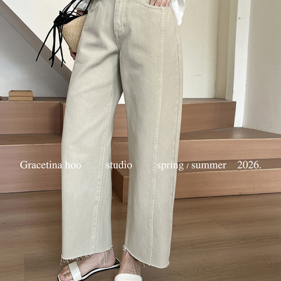 GRACETINA HOO-法式重工立体分割线酵洗简约慵懒毛边牛仔裤NB9160