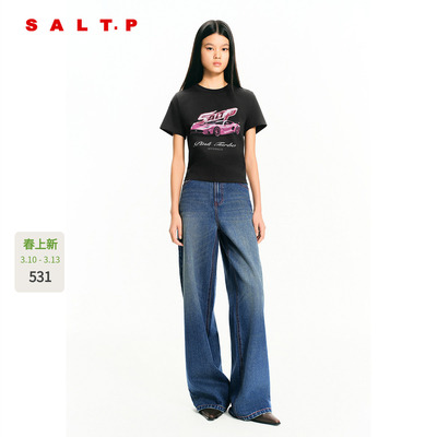 SALT.P可颜灰色赛车印花正肩短袖T恤女短款2026春新款AC36160040