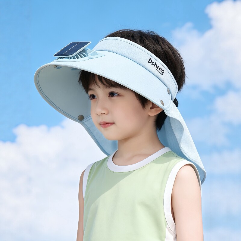 日本MDCW儿童防晒帽夏季太阳能风扇帽男女遮阳帽中大童户外空顶帽