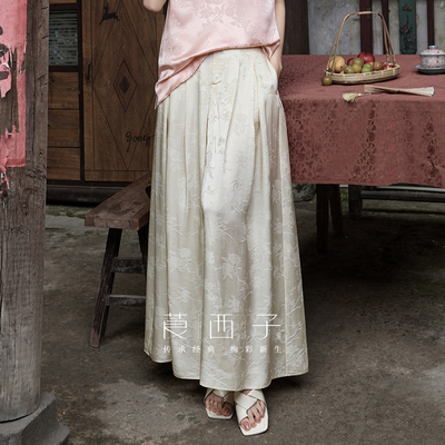 莨西子新中式国风暗纹提花阔腿裤女2025春夏新款松弛宽松显瘦长裤
