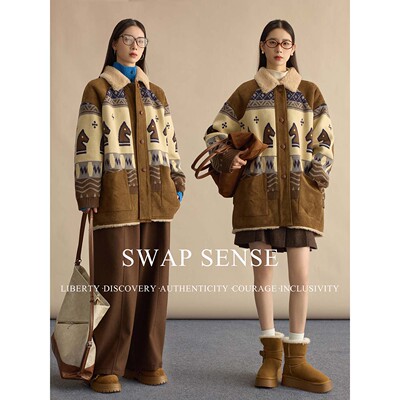 SWAP SENSE牧羊棋语· 复古休闲翻领皮毛一体马头纹样针织外套冬