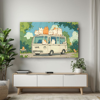 治愈系猫咪面包车电视机防尘罩露营车插画公园场景装饰遮挡灰尘盖