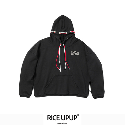 RICEUPUP“米年年”黑色刺绣抽绳卫衣