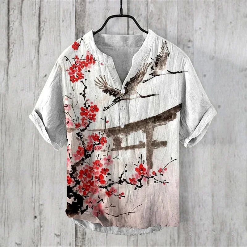 印花立领三粒扣短袖衬衫Stand up colar three buton short shirt