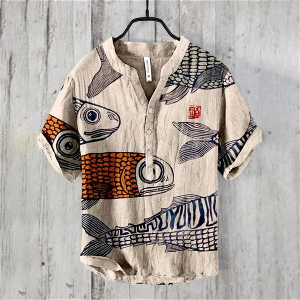 3D印花翻领三粒扣短袖衬衫3D printed three buton short sleeved