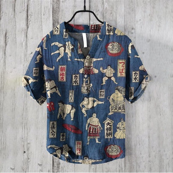 3D印花V领三粒扣短袖3D printed V-neck three buton short shirt