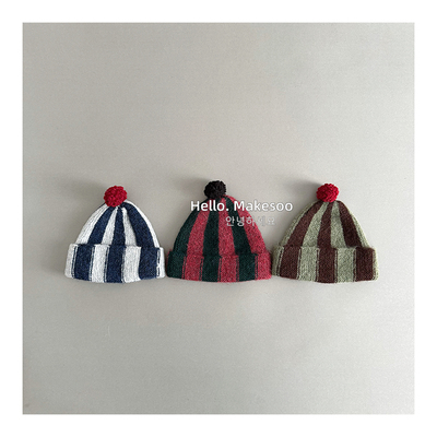 儿童帽子秋冬季彩色条纹毛线球
