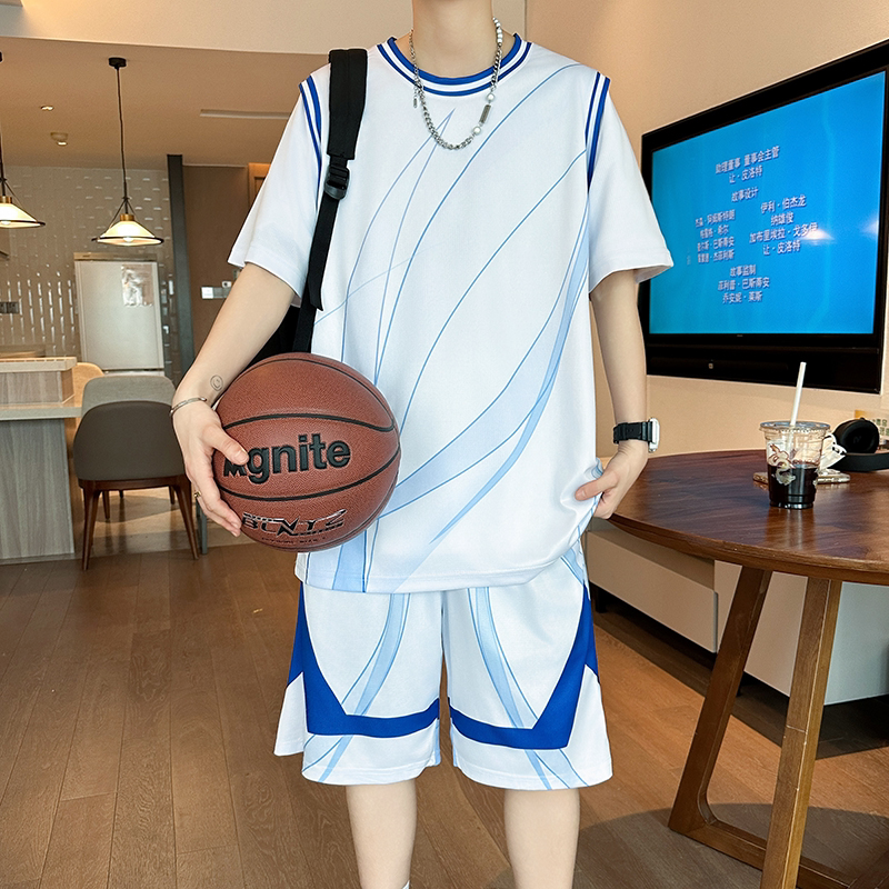 青少年夏季新款男学生速干宽松运动衣服假两件冰丝篮球服短袖套装