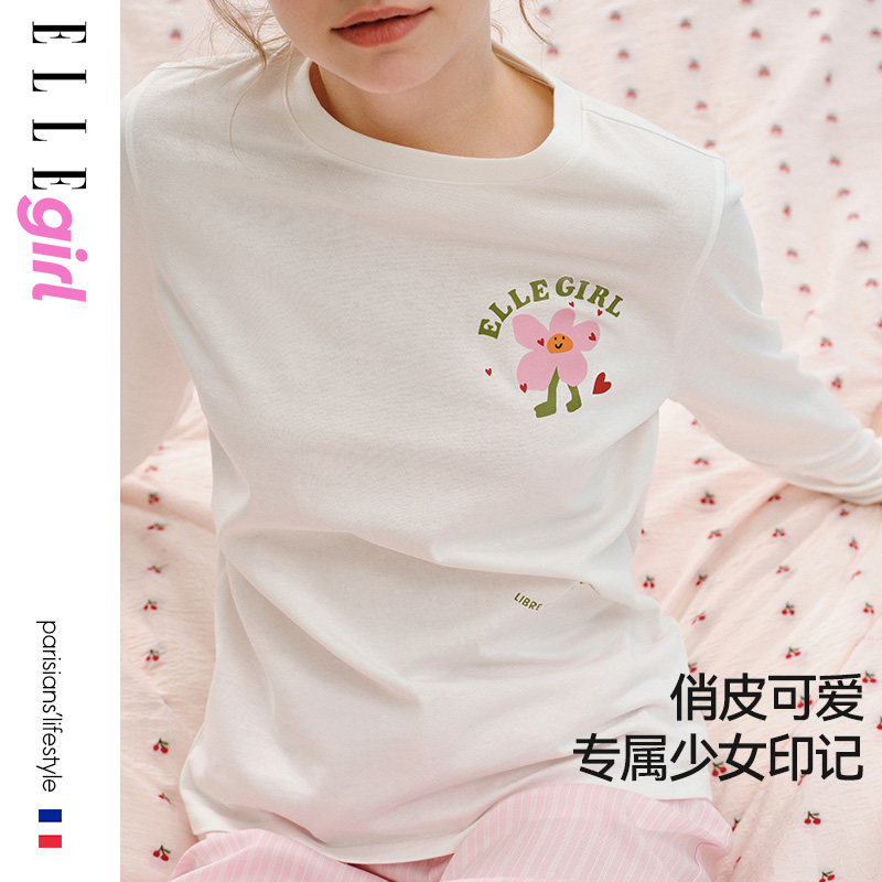 ELLE girl少女睡衣秋季新品纯棉长袖T恤印花修身单件上衣家居服女