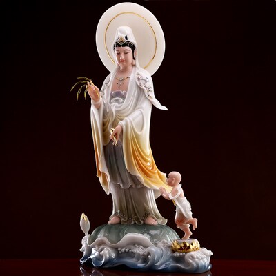 极速汉白玉d童子拜观音佛像客厅家用供奉站南海水浪观音像玄关中