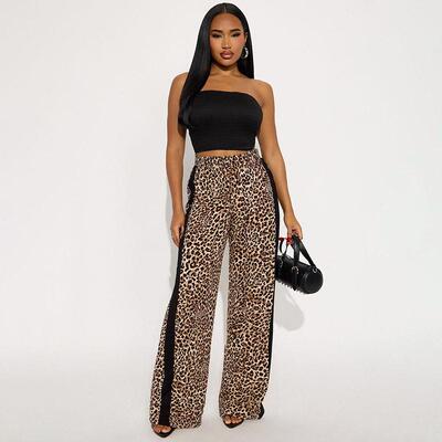 Womens Casual Leopard Print Pants High Waisted Loose Fit