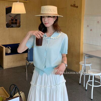 苏珊别致娃娃领短袖针织衫女2026