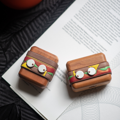 原创真皮实木手工汉堡可爱耳机壳