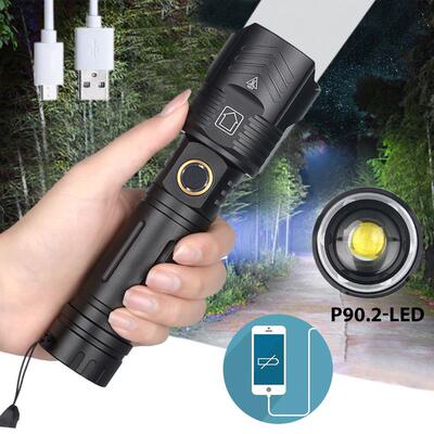 P72D户外5模式强光手电筒伸缩调焦充电P90远射战术手电LED照明
