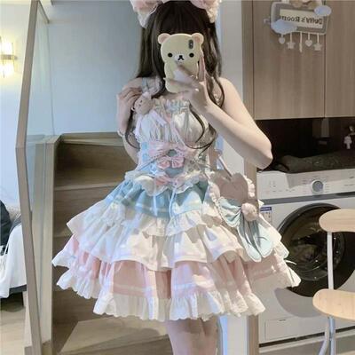 洛丽塔甜美蓬蓬裙巧杏粉小花边少女小偶像桔梗house