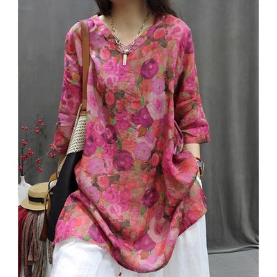 速发棉麻装复古花色中长款套头气季遮肉麻妈洋夏亚妈上衣薄