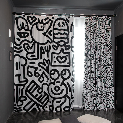 定制长帘粗麻黑白遮光遮阳隔热卧室成品落地窗帘Mrdoodle涂鸦先生