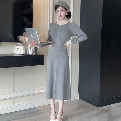 实拍 名媛钉珠黑色打底针织长裙大码秋冬法式复古显瘦毛衣连衣裙