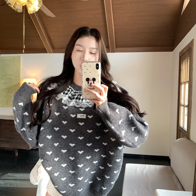 实拍  新年限定~ 韩系甜美减龄格子花边娃娃领提花爱心加厚毛衣