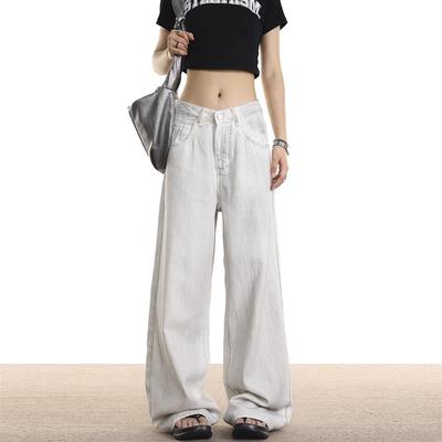0123Start 美式脏脏白色牛仔裤女宽松dirtyfit垂感直筒拖地阔腿裤