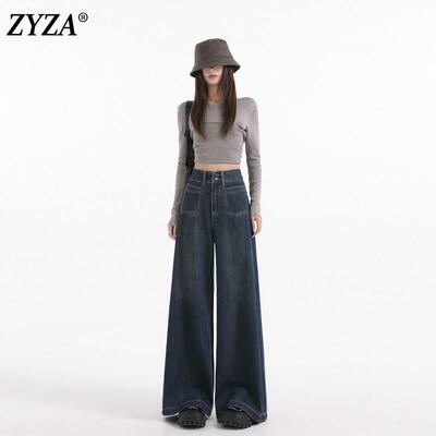 ZYZA复古高腰阔腿牛仔裤女春季宽松裤子2026新款直筒高级高级女裤