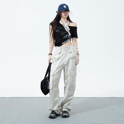 RTRX沙白色工装裤女2024新款美式复古时尚多口袋休闲直筒牛仔裤