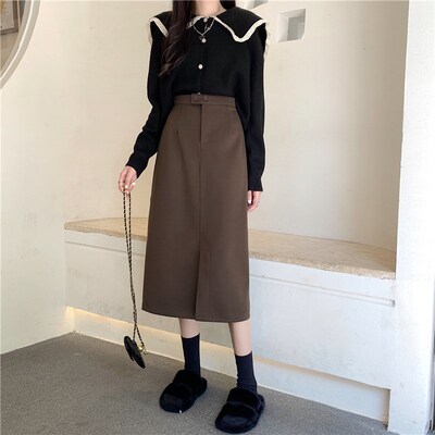 新品胖mme复古高腰毛呢中长裙半身裙女秋冬大码显瘦百搭a字裙一步